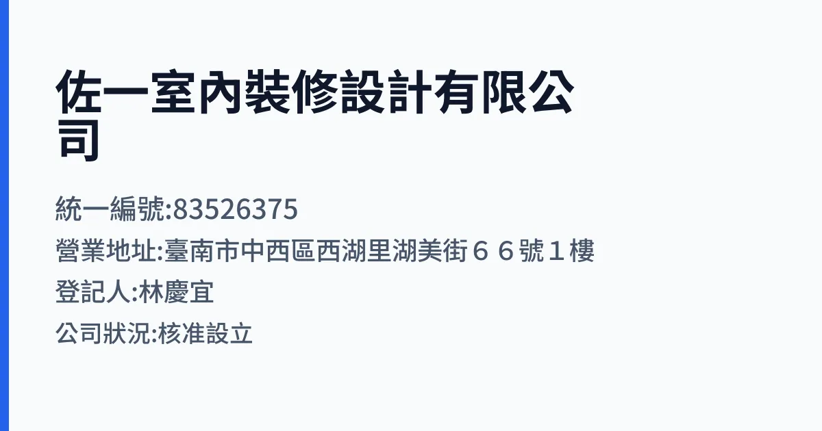 佐一室內裝修設計有限公司 - 統編 83526375(臺南市) 公司登記資料與營業項目詳細圖表