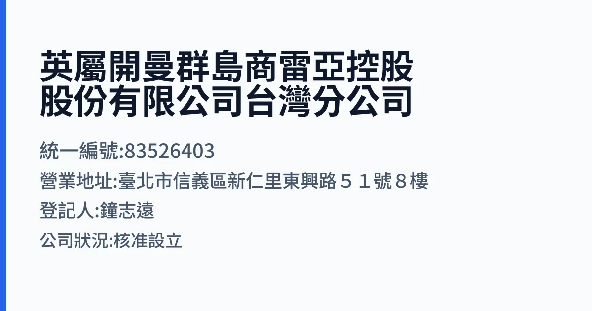 英屬開曼群島商雷亞控股股份有限公司台灣分公司 - 統編 83526403(臺北市) 公司登記資料與營業項目詳細圖表