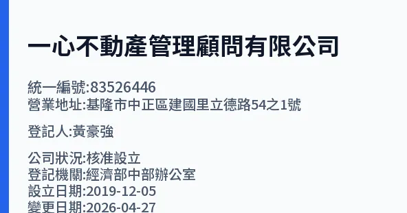 一心不動產管理顧問有限公司的照片-統編 83526446(基隆市) 公司登記資料與營業項目詳細圖表