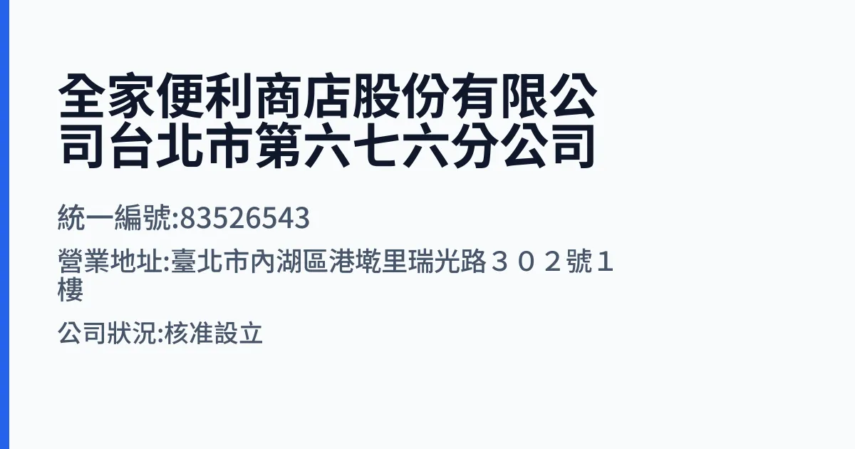 全家便利商店股份有限公司台北市第六七六分公司 - 統編 83526543(臺北市) 公司登記資料與營業項目詳細圖表