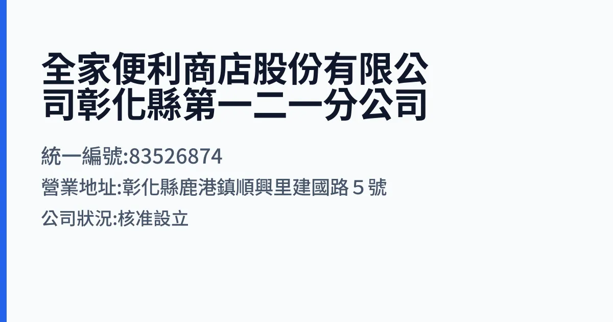 全家便利商店股份有限公司彰化縣第一二一分公司 - 統編 83526874(彰化縣) 公司登記資料與營業項目詳細圖表