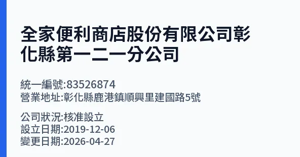 全家便利商店股份有限公司彰化縣第一二一分公司的照片-統編 83526874(彰化縣) 公司登記資料與營業項目詳細圖表