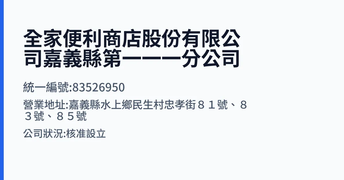 全家便利商店股份有限公司嘉義縣第一一一分公司 - 統編 83526950(嘉義縣) 公司登記資料與營業項目詳細圖表