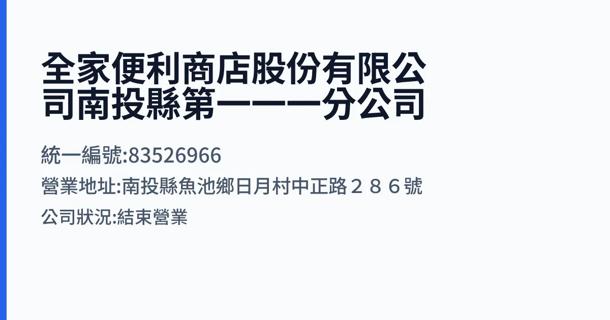 全家便利商店股份有限公司南投縣第一一一分公司 - 統編 83526966(南投縣) 公司登記資料與營業項目詳細圖表