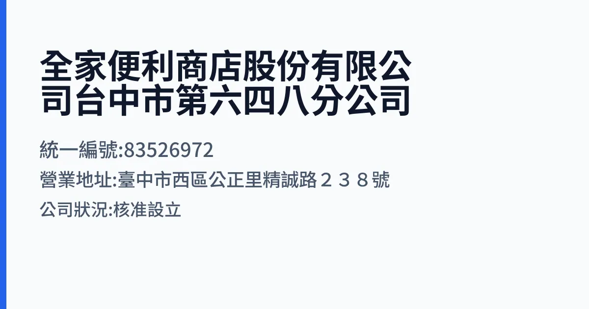 全家便利商店股份有限公司台中市第六四八分公司 - 統編 83526972(臺中市) 公司登記資料與營業項目詳細圖表