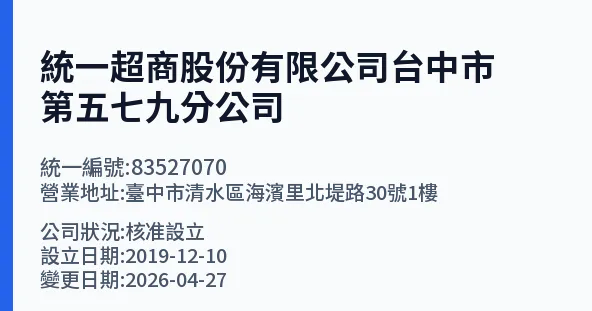 統一超商股份有限公司台中市第五七九分公司的照片-統編 83527070(臺中市) 公司登記資料與營業項目詳細圖表