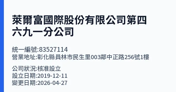 萊爾富國際股份有限公司第四六九一分公司的照片-統編 83527114(彰化縣) 公司登記資料與營業項目詳細圖表