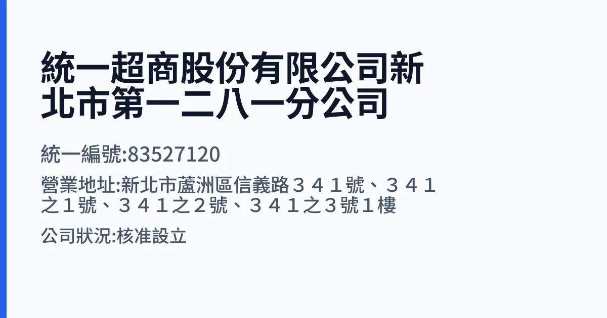 統一超商股份有限公司新北市第一二八一分公司 - 統編 83527120(新北市) 公司登記資料與營業項目詳細圖表