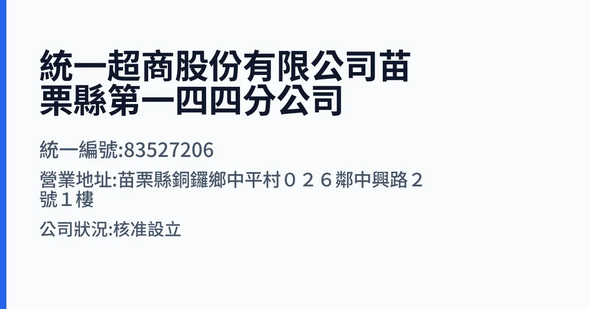 統一超商股份有限公司苗栗縣第一四四分公司 - 統編 83527206(苗栗縣) 公司登記資料與營業項目詳細圖表