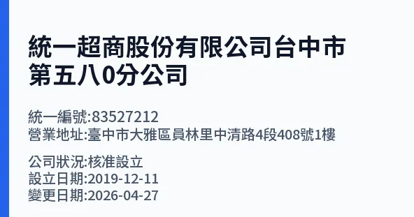 統一超商股份有限公司台中市第五八0分公司的照片-統編 83527212(臺中市) 公司登記資料與營業項目詳細圖表
