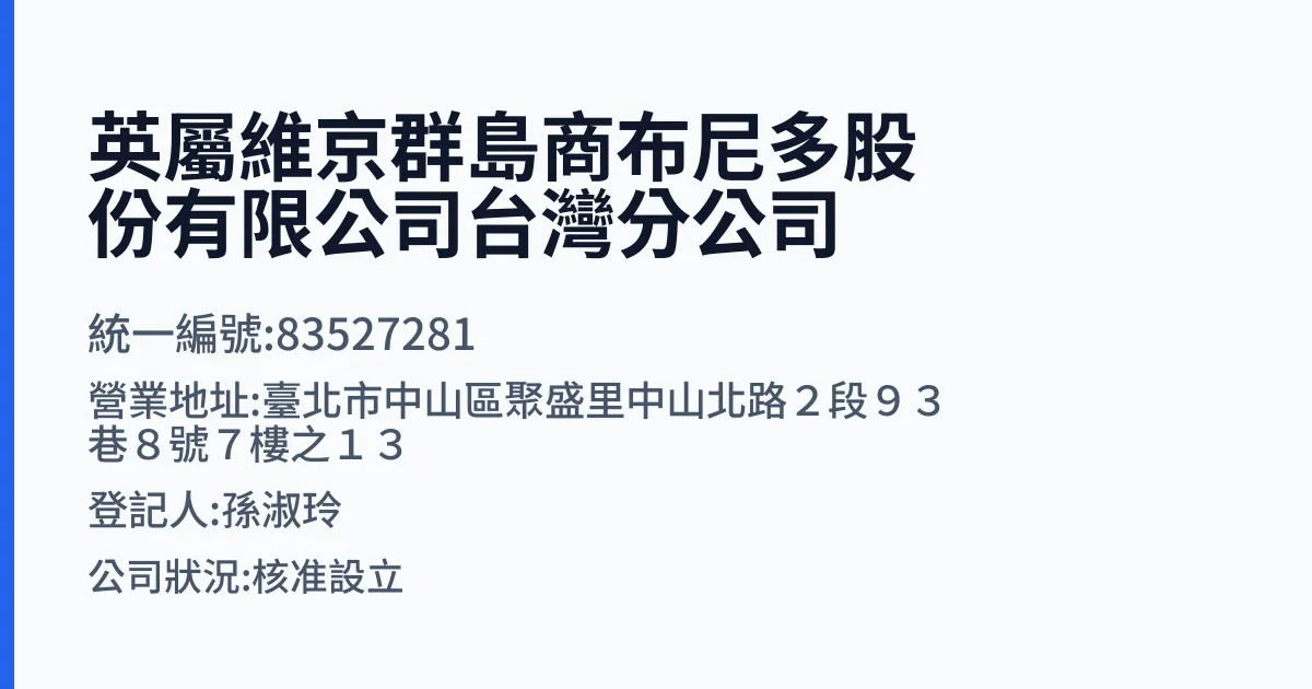 英屬維京群島商布尼多股份有限公司台灣分公司 - 統編 83527281(臺北市) 公司登記資料與營業項目詳細圖表