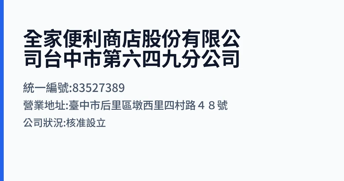 全家便利商店股份有限公司台中市第六四九分公司 - 統編 83527389(臺中市) 公司登記資料與營業項目詳細圖表