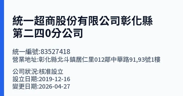 統一超商股份有限公司彰化縣第二四0分公司的照片-統編 83527418(彰化縣) 公司登記資料與營業項目詳細圖表