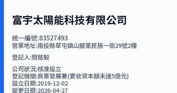 富宇太陽能科技有限公司的照片-統編 83527493(南投縣) 公司登記資料與營業項目詳細圖表