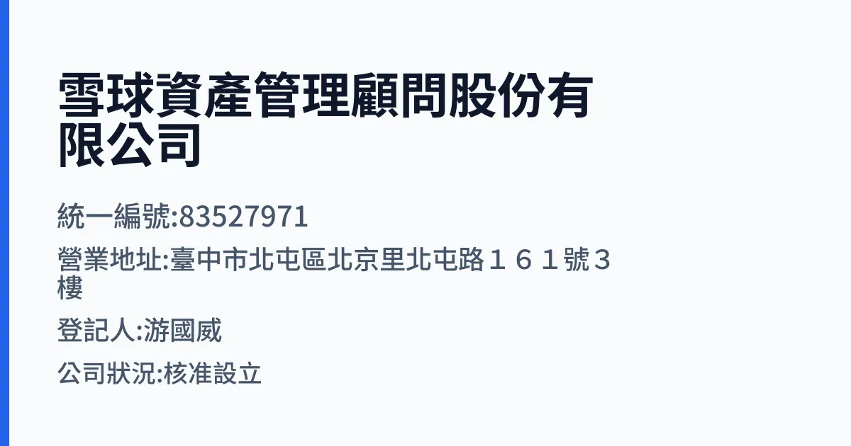 雪球資產管理顧問股份有限公司 - 統編 83527971(臺中市) 公司登記資料與營業項目詳細圖表