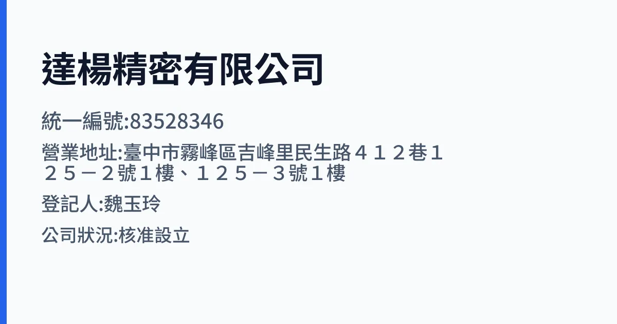 達楊精密有限公司 - 統編 83528346(臺中市) 公司登記資料與營業項目詳細圖表