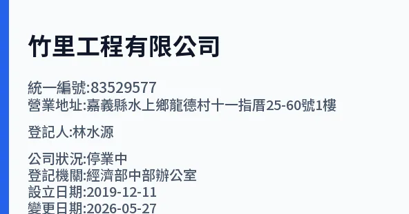 竹里工程有限公司的照片-統編 83529577(嘉義縣) 公司登記資料與營業項目詳細圖表