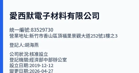 愛西默電子材料有限公司的照片-統編 83529730(新竹市) 公司登記資料與營業項目詳細圖表