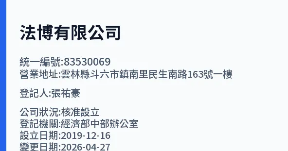 法博有限公司的照片-統編 83530069(雲林縣) 公司登記資料與營業項目詳細圖表