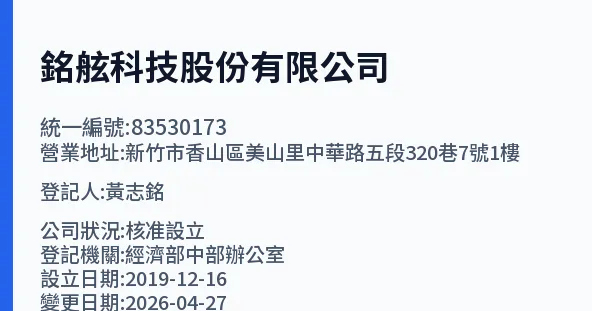 銘舷科技股份有限公司的照片-統編 83530173(新竹市) 公司登記資料與營業項目詳細圖表