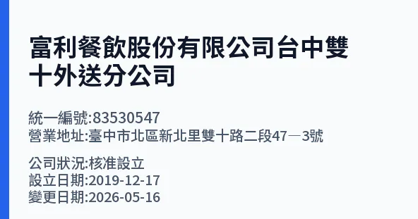 富利餐飲股份有限公司台中雙十外送分公司的照片-統編 83530547(臺中市) 公司登記資料與營業項目詳細圖表