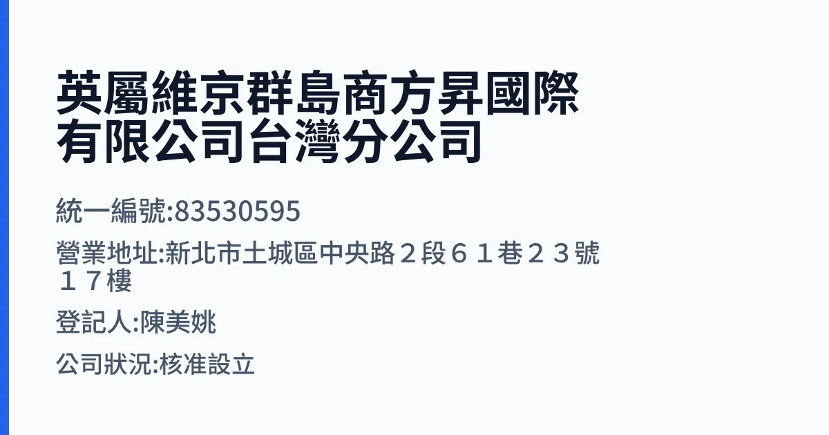 英屬維京群島商方昇國際有限公司台灣分公司 - 統編 83530595(新北市) 公司登記資料與營業項目詳細圖表