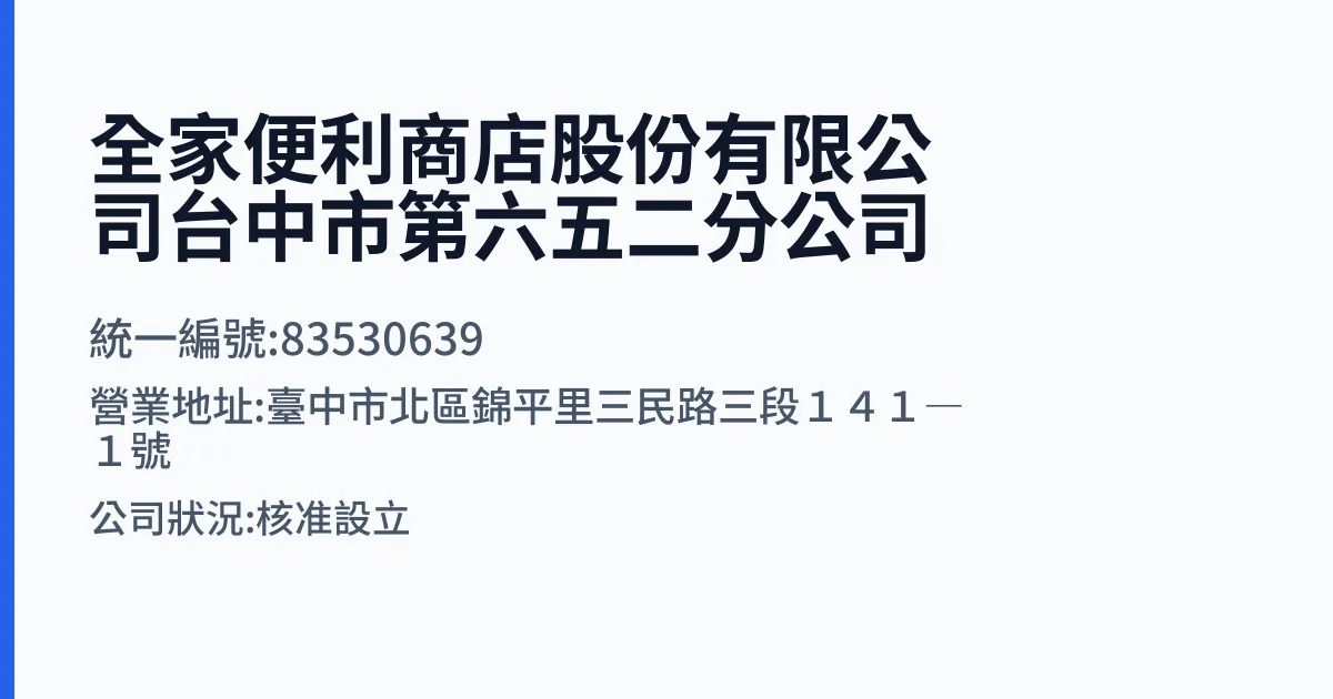 全家便利商店股份有限公司台中市第六五二分公司 - 統編 83530639(臺中市) 公司登記資料與營業項目詳細圖表