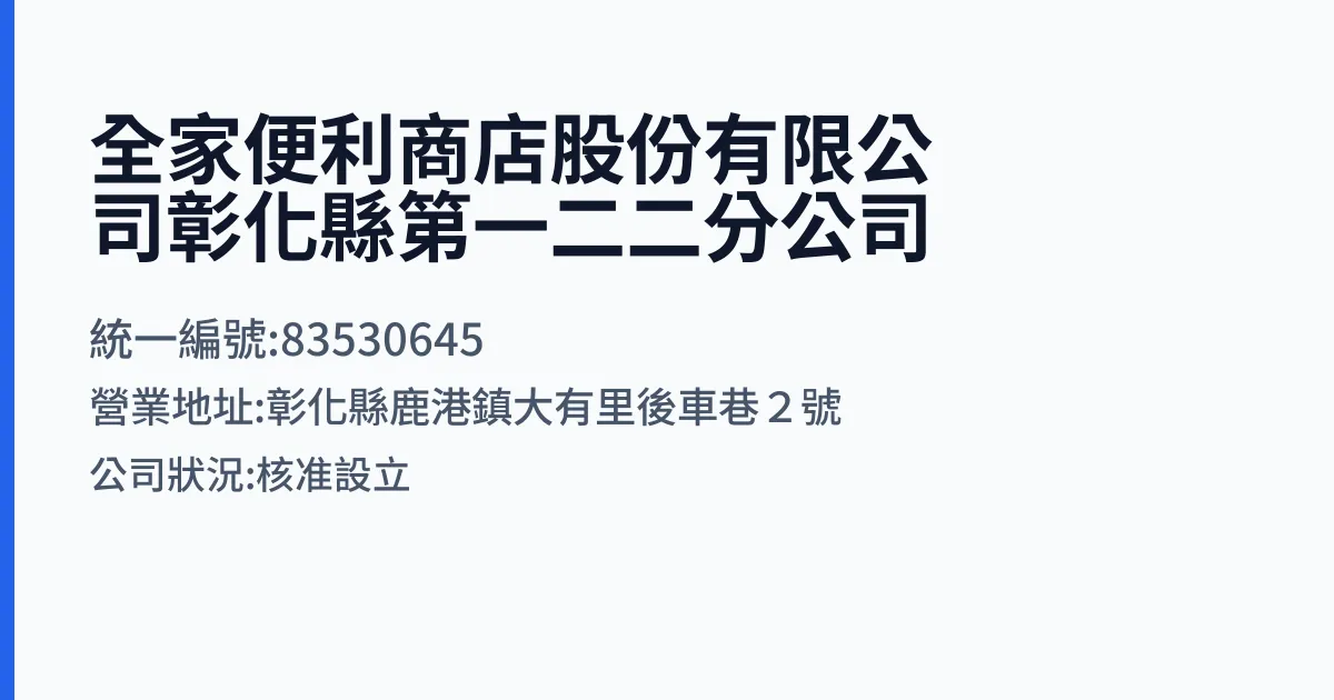 全家便利商店股份有限公司彰化縣第一二二分公司 - 統編 83530645(彰化縣) 公司登記資料與營業項目詳細圖表