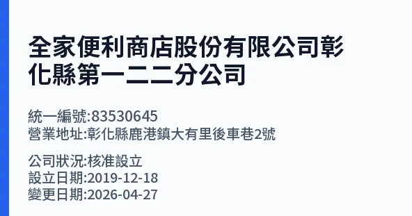 全家便利商店股份有限公司彰化縣第一二二分公司的照片-統編 83530645(彰化縣) 公司登記資料與營業項目詳細圖表