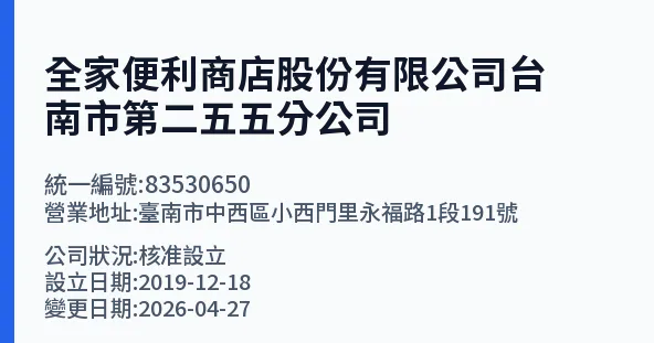 全家便利商店股份有限公司台南市第二五五分公司的照片-統編 83530650(臺南市) 公司登記資料與營業項目詳細圖表