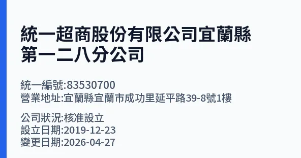 統一超商股份有限公司宜蘭縣第一二八分公司的照片-統編 83530700(宜蘭縣) 公司登記資料與營業項目詳細圖表