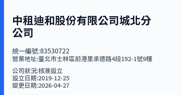 中租迪和股份有限公司城北分公司的照片-統編 83530722(臺北市) 公司登記資料與營業項目詳細圖表