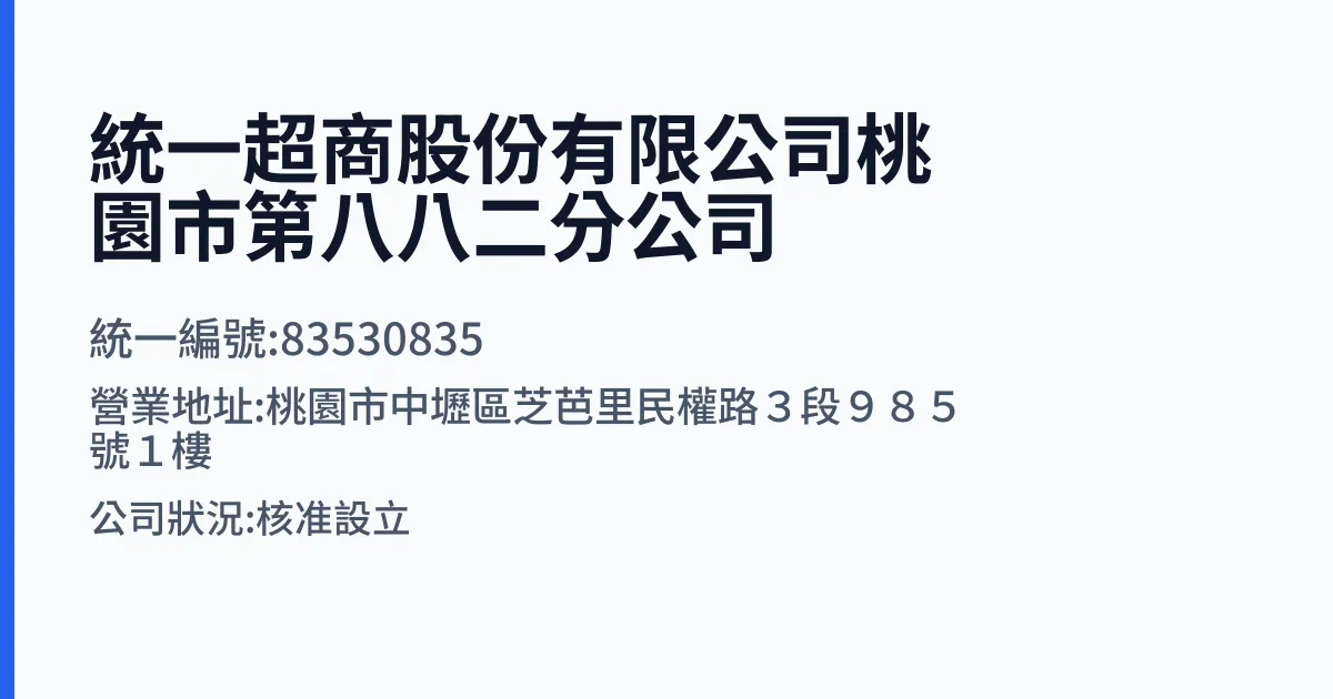 統一超商股份有限公司桃園市第八八二分公司 - 統編 83530835(桃園市) 公司登記資料與營業項目詳細圖表