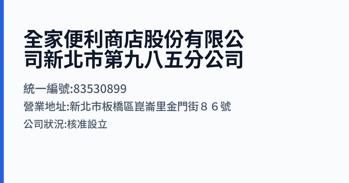 全家便利商店股份有限公司新北市第九八五分公司 - 統編 83530899(新北市) 公司登記資料與營業項目詳細圖表