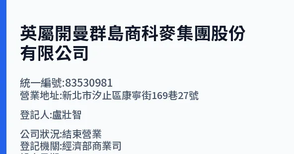 英屬開曼群島商科麥集團股份有限公司的照片-統編 83530981(新北市) 公司登記資料與營業項目詳細圖表