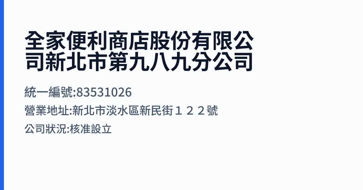 全家便利商店股份有限公司新北市第九八九分公司 - 統編 83531026(新北市) 公司登記資料與營業項目詳細圖表