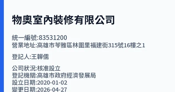 物奧室內裝修有限公司的照片-統編 83531200(高雄市) 公司登記資料與營業項目詳細圖表