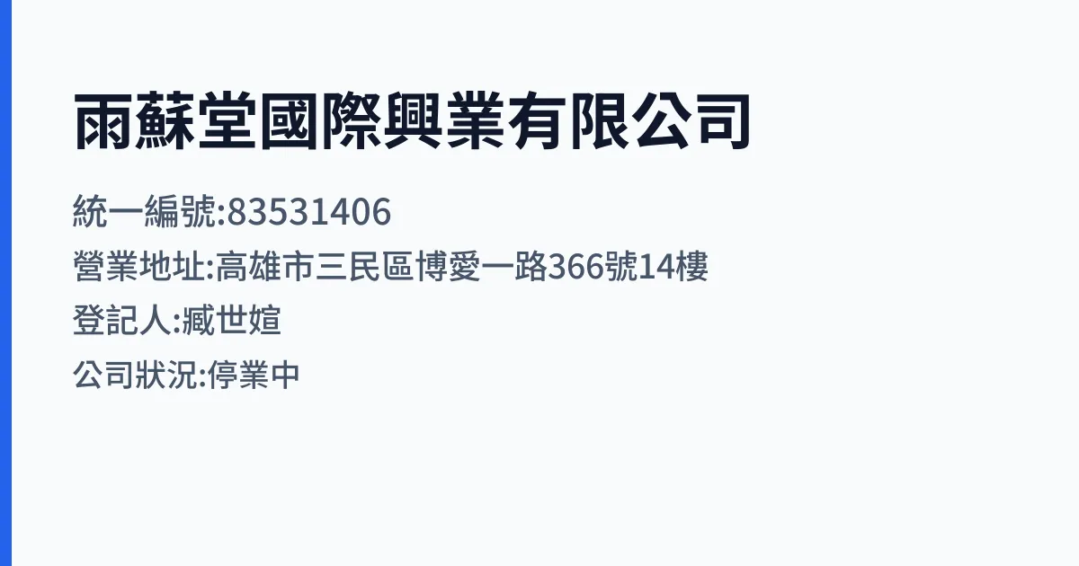 雨蘇堂國際興業有限公司 - 統編 83531406(高雄市) 公司登記資料與營業項目詳細圖表