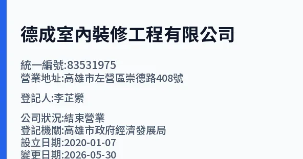 德成室內裝修工程有限公司的照片-統編 83531975(高雄市) 公司登記資料與營業項目詳細圖表