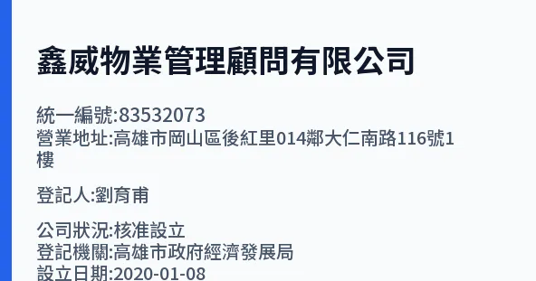 鑫威物業管理顧問有限公司的照片-統編 83532073(高雄市) 公司登記資料與營業項目詳細圖表