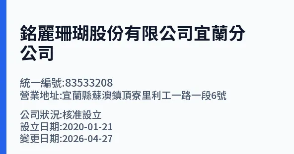 銘麗珊瑚股份有限公司宜蘭分公司的照片-統編 83533208(宜蘭縣) 公司登記資料與營業項目詳細圖表