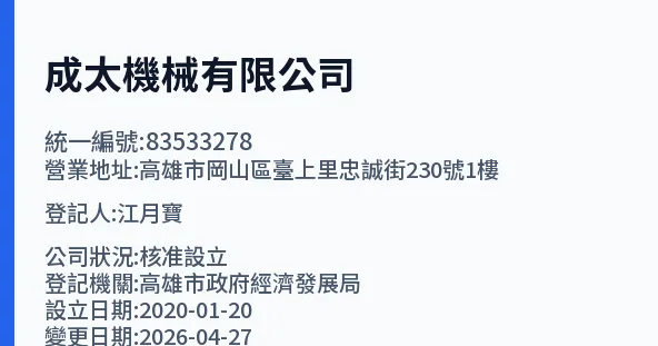 成太機械有限公司的照片-統編 83533278(高雄市) 公司登記資料與營業項目詳細圖表