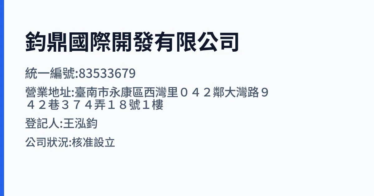 鈞鼎國際開發有限公司 - 統編 83533679(臺南市) 公司登記資料與營業項目詳細圖表
