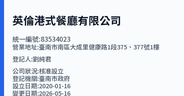 英倫港式餐廳有限公司的照片-統編 83534023(臺南市) 公司登記資料與營業項目詳細圖表