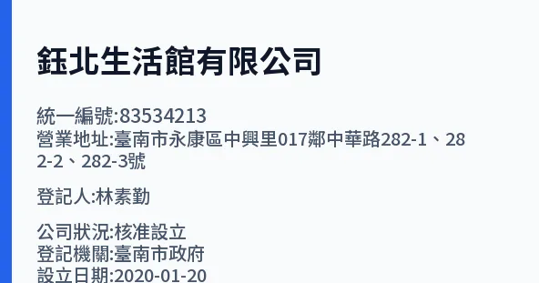 鈺北生活館有限公司的照片-統編 83534213(臺南市) 公司登記資料與營業項目詳細圖表