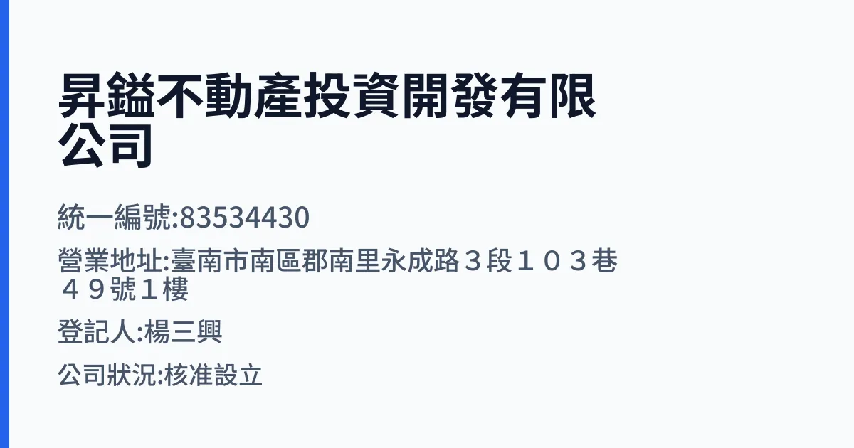 昇鎰不動產投資開發有限公司 - 統編 83534430(臺南市) 公司登記資料與營業項目詳細圖表