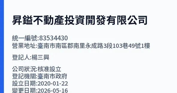 昇鎰不動產投資開發有限公司的照片-統編 83534430(臺南市) 公司登記資料與營業項目詳細圖表