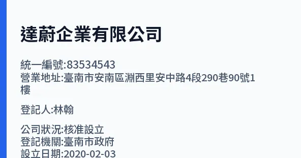 達蔚企業有限公司的照片-統編 83534543(臺南市) 公司登記資料與營業項目詳細圖表