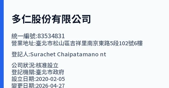 多仁股份有限公司的照片-統編 83534831(臺北市) 公司登記資料與營業項目詳細圖表