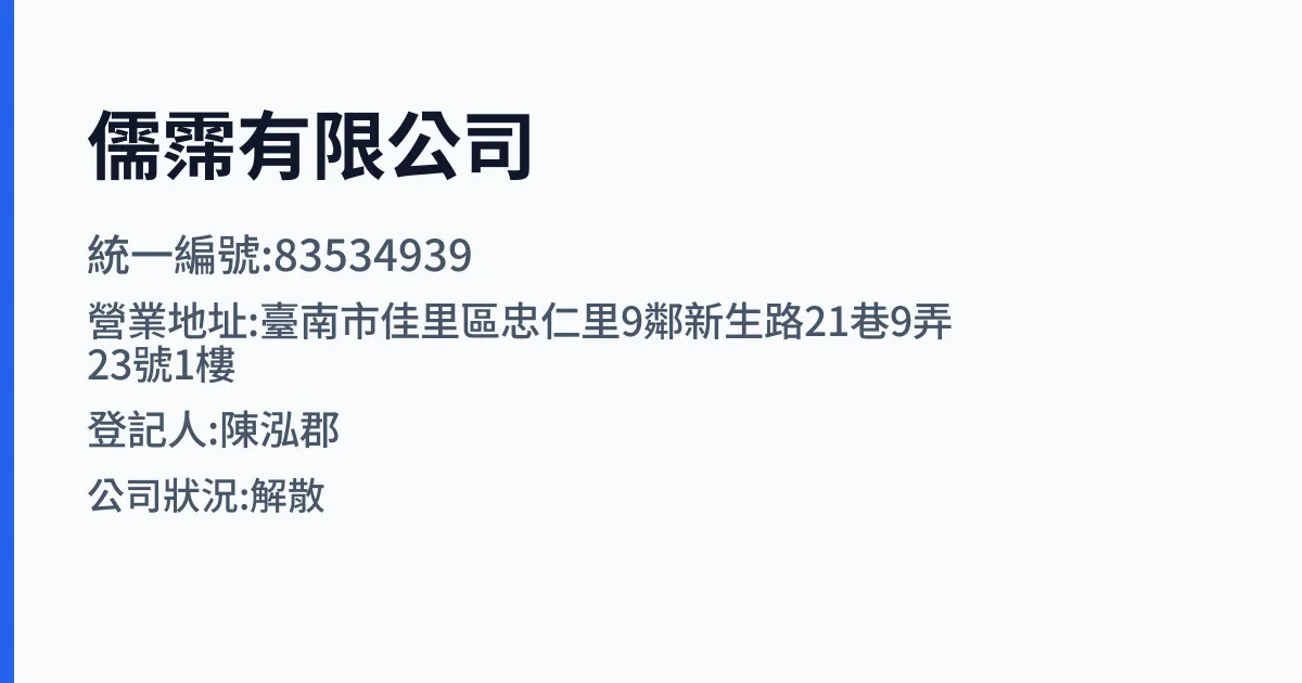 儒霈有限公司 - 統編 83534939(臺南市) 公司登記資料與營業項目詳細圖表
